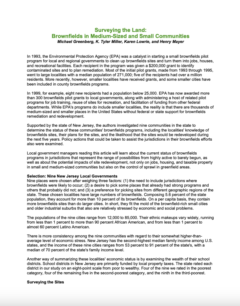 Surveying the land: brownfields in medium-sized and small communities ...