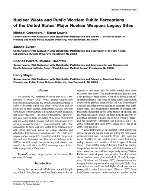 Nuclear Waste and Public Worries: Public Perceptions of the United ...