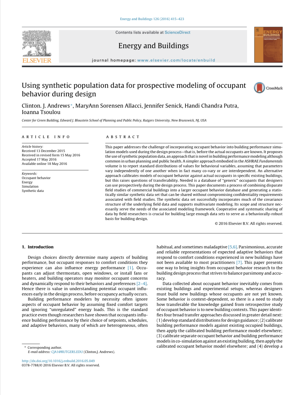 Using Synthetic Population Data For Prospective Modeling Of Occupant