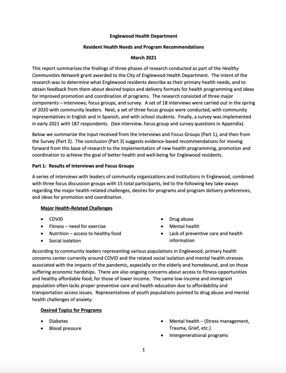 Englewood Health Department Resident Health Needs and Program ...