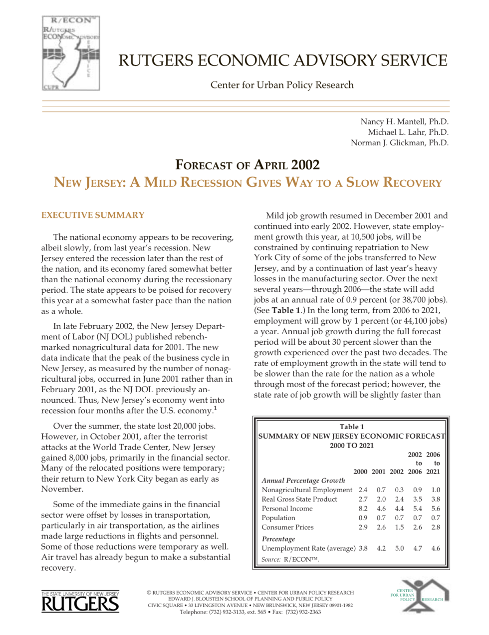 Forecast of April 2002 New Jersey: A Mild Recession Gives Way to a Slow ...