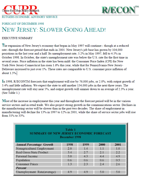 RECON Forecast December 1998 – New Jersey: Slower Going Ahead! | Center ...