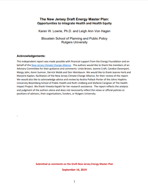 The New Jersey Draft Energy Master Plan: Opportunities to Integrate Health and Health Equity ...
